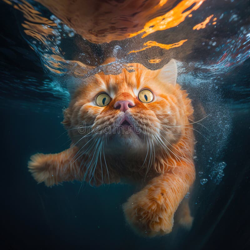 Closeup Wide Angle Underwater Photo Upshot of a Cat Underwater ...