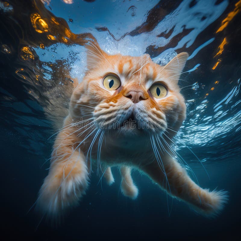 Closeup Wide Angle Underwater Photo Upshot of a Cat Underwater ...