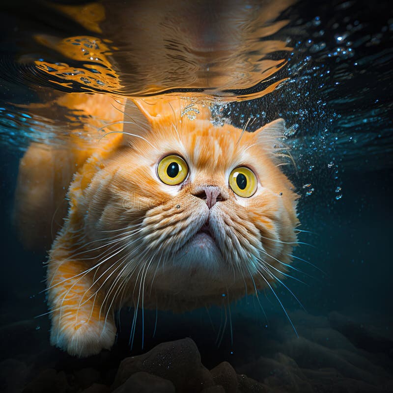 Closeup Wide Angle Underwater Photo Upshot of a Cat Underwater ...