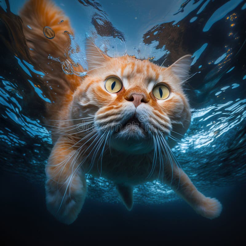 Closeup Wide Angle Underwater Photo Upshot of a Cat Underwater ...