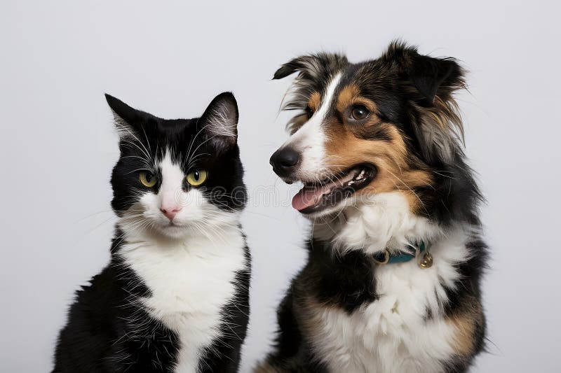 A Cat and Dog Bond in Shared Curiosity, Contrasting Colors on White ...