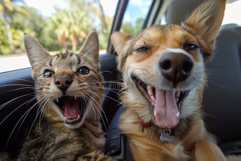 Cat and Dog are in a Car, One of Them is Making a Funny Face Stock ...