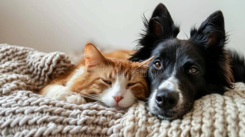 Cat and Dog Cuddle on Blanket Stock Photo - Image of whiskers, happy ...