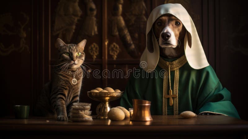 A Cat and Dog Dressed As a Priest and Nun at Table, AI Stock ...