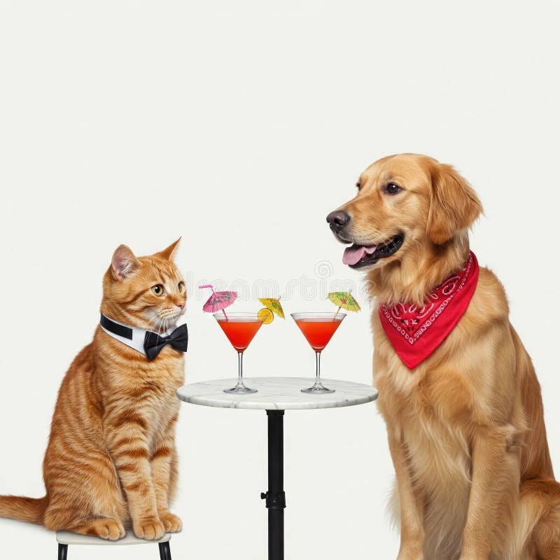 A Cat and a Dog Drink Cocktails at a Table. Stock Photo - Image of ...