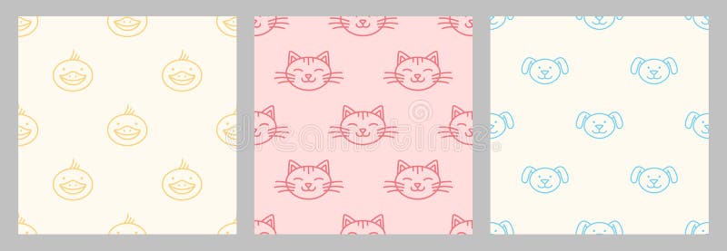 Cat, Dog, Duck Face, Muzzle Seamless Patterns Set. Kids Textures in ...