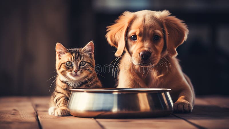 Cat and Dog Eat from Bowls. Friendship between a Dog and a Cat Stock ...