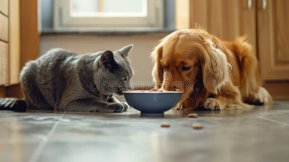 Cat and Dog Eating from Separate Bowls Stock Illustration ...