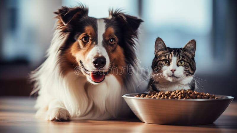Cat and Dog Enjoy Meal from Shared Bowl Stock Illustration ...