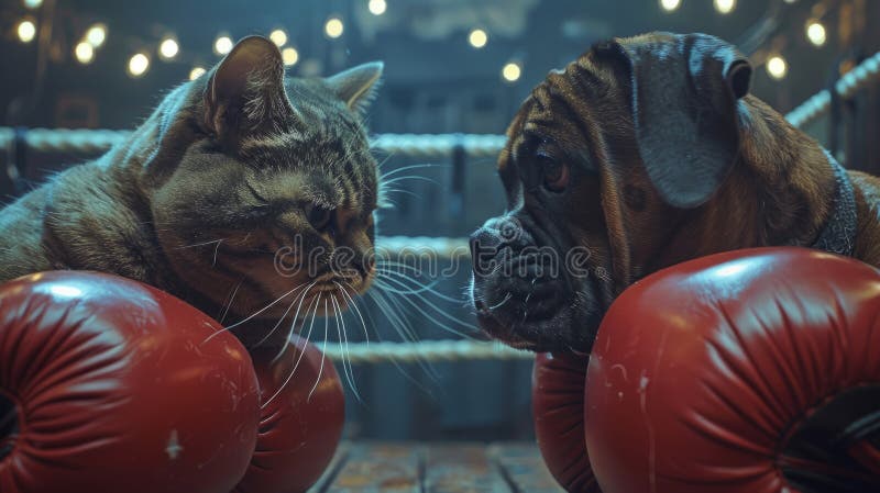 A Cat and a Dog Facing Off in a Boxing Ring. Stock Image - Image of ...