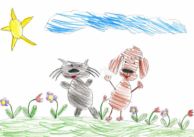 Cat and Dog are Friends Walk on Meadow, Child Drawing Stock ...