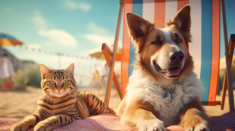 Cat and Dog Happily Relaxing on the Beach on Vacation Stock ... Cat and Dog Happily Relaxing on the Beach on Vacation Stock ...