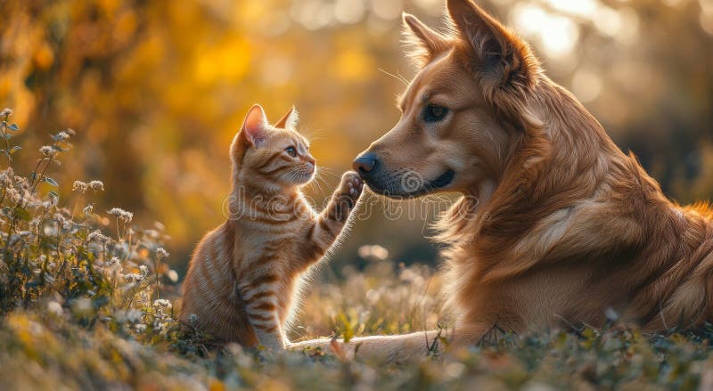 A Cat and a Dog are Laying on the Grass, with the Cat on the Dog S Back ...