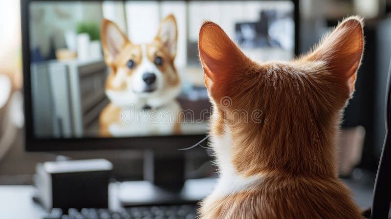 A Cat and Dog are Participating in a Video Conference on a Laptop Stock ...