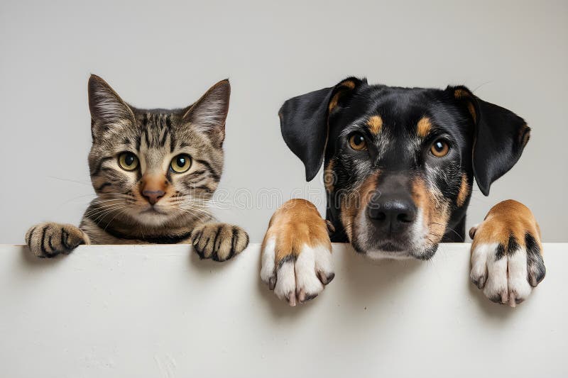 Cat and Dog Peek Over White Surface, Curious Expressions Stock ...