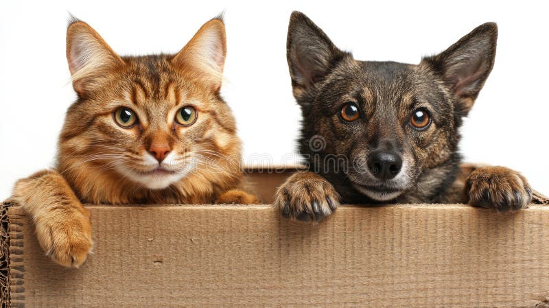 Cat and Dog Peeking Over Cardboard Box Together Stock Image - Image of ...