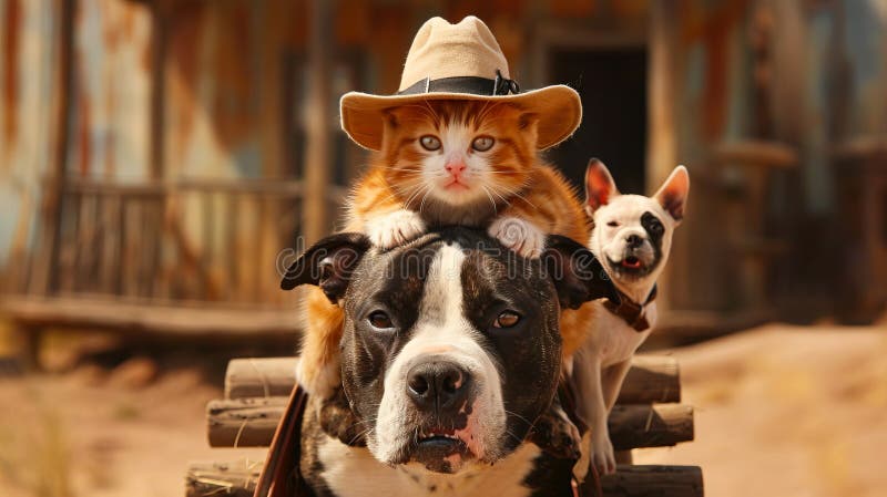 A Cat and Dog Riding on the Back of a Horse Stock Image - Image of ...