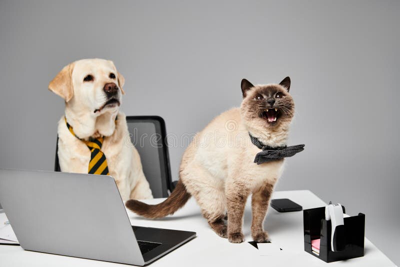 A cat and a dog sit stock image. Image of cute, telecommuting - 323809239