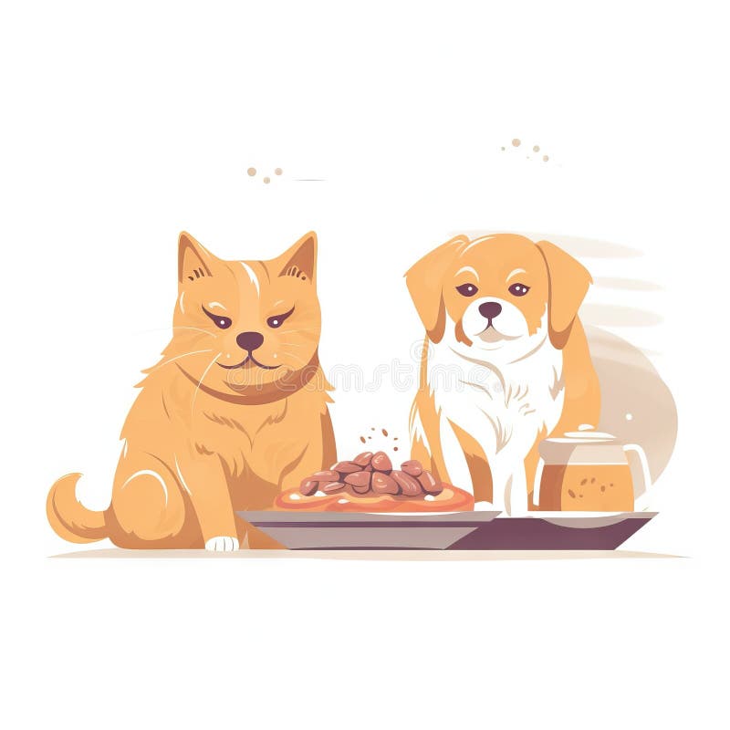 A Cat and a Dog Sitting on a Plate of Food Stock Illustration ...