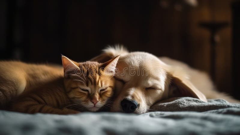 Cat and Dog Sleeping. Puppy and Kitten Sleep Stock Illustration ...