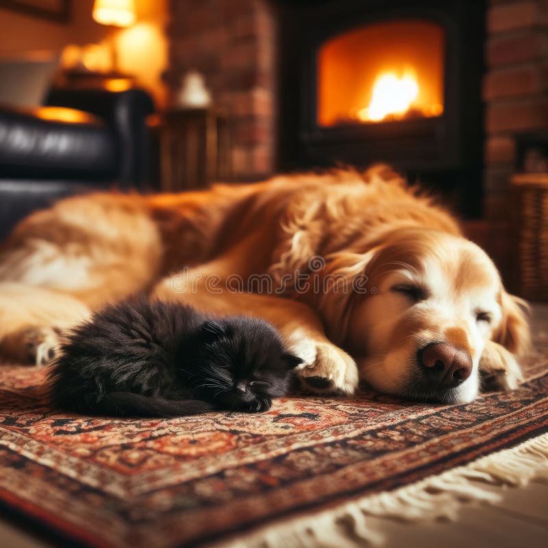 A Cat and a Dog are Sleeping on a Rug Stock Photo - Image of floor ...