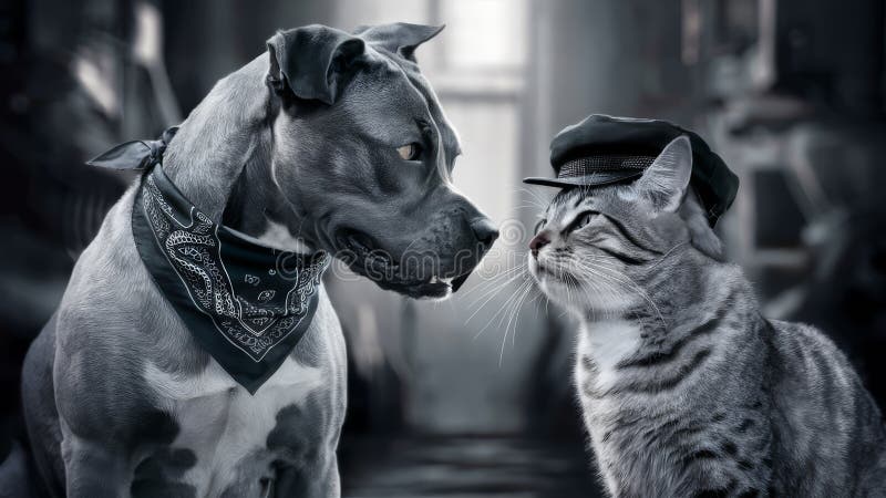 A Cat and Dog Staring at Each Other with a Bandana on, AI Stock Image ...