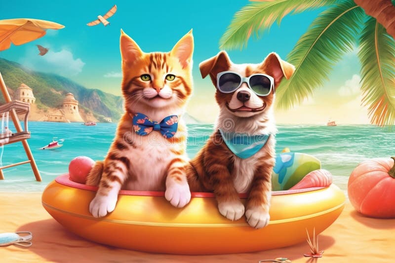 Cat and Dog Summer Holiday. Generative AI Stock Image - Image of ...