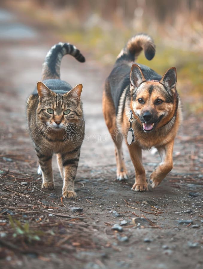A Cat and a Dog Walking Together on a Path, Showcasing Harmony between ...