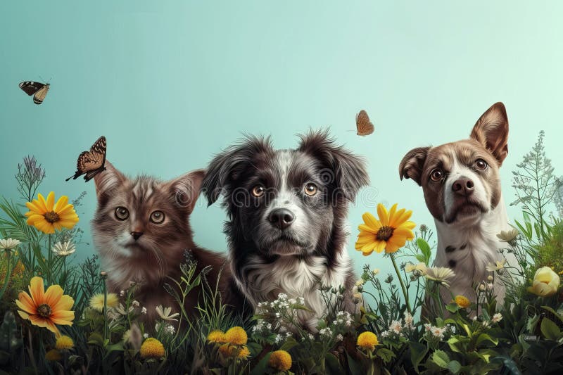 Cat and Dogs Together with Spring Flowers. Generative AI Stock Image ...