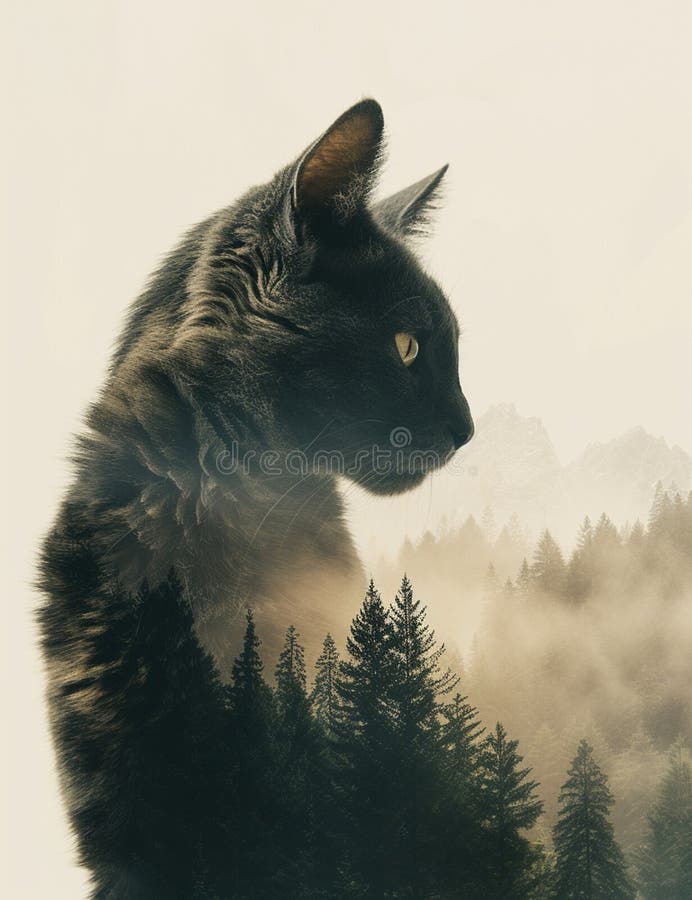 Cat in Double Exposure of Forest Mountains, Silhouette Stock ...