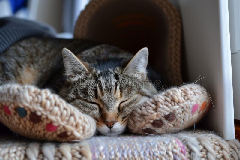 Cat Dozing between a Pair of Wool Slippers Stock Photo - Image of rest ...