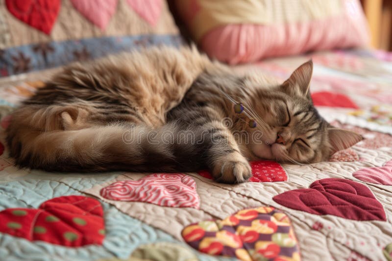 Cat Dozing on a Quilt with Sewnin Hearts Stock Image - Image of ...