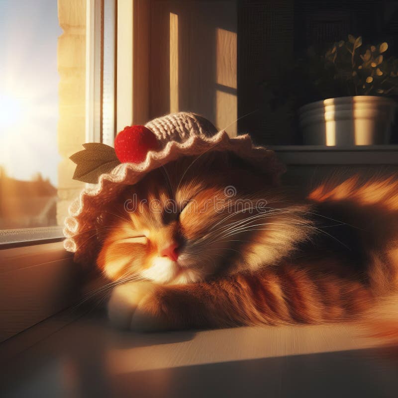 A Cat Dozing in the Warmth of a Sunlit Windowsill, Dreaming Pec Stock ...