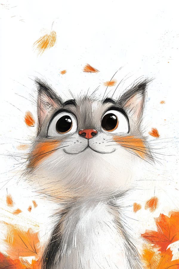 A Cat Drawing Exhibiting a Surprised Expression Autumn Leaves Populate ...