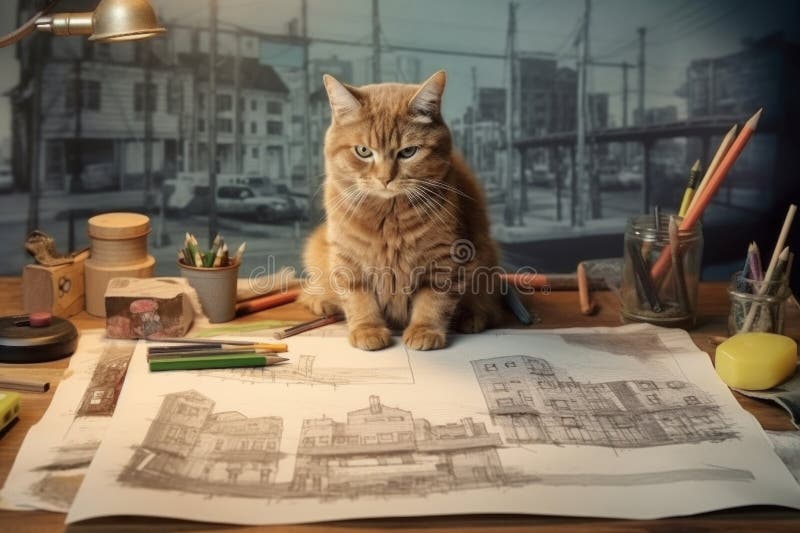 Cat is Drawing a House Building Plan Stock Illustration - Illustration ...