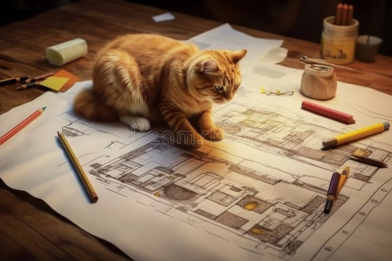 Cat is Drawing a House Building Plan Stock Image - Image of engineer ...