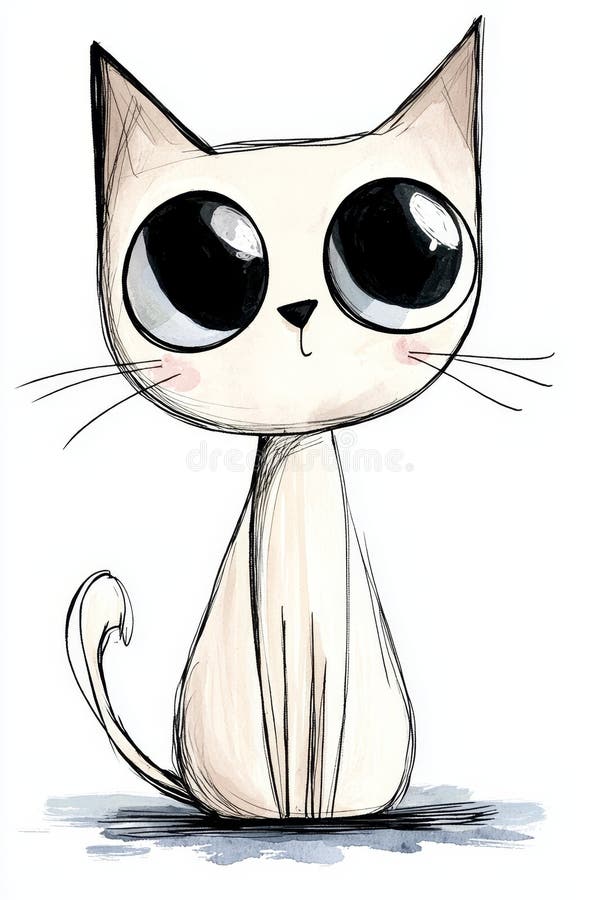 A Cat Drawing with Large, Expressive Eyes and a Sad Expression, Seated ...