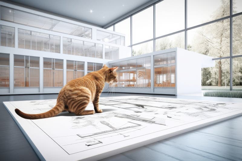 Cat Drawing Up Blueprints for Sleek, Modern Building with Lots of ...