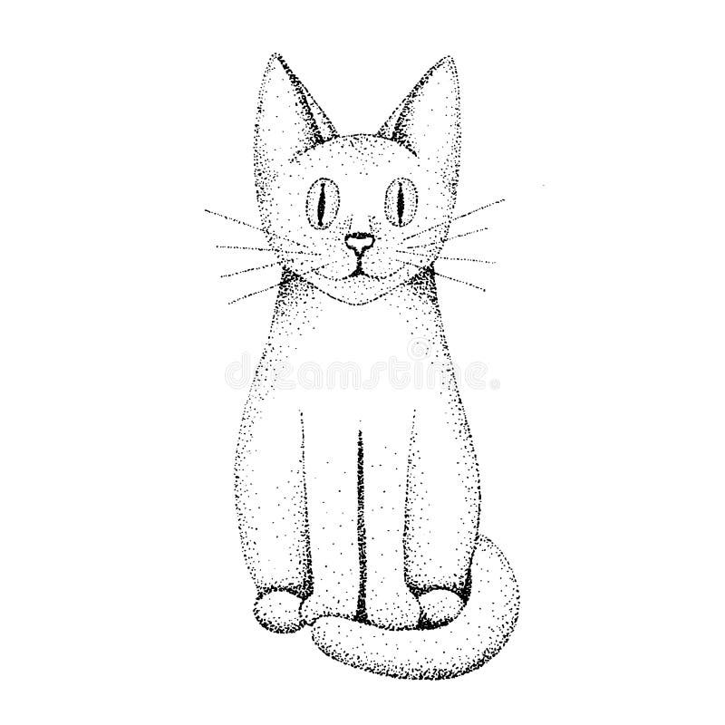 A Cat Drawn by Hand with a Black Pen. Dots Design. Black and White ...
