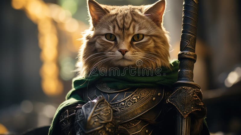 A Cat Dressed in Armor Holding a Sword and Shield, AI Stock Image ...