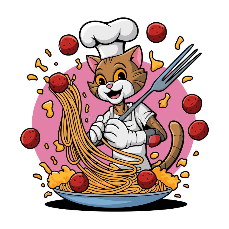 A Cat Dressed As a Chef, Skillfully Twirling Spaghetti with a Fork ...
