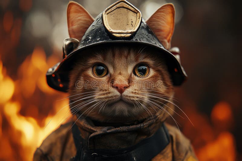 Cat Dressed As Firefighter Facing Fire with Sparks and Rain in Dramatic ...