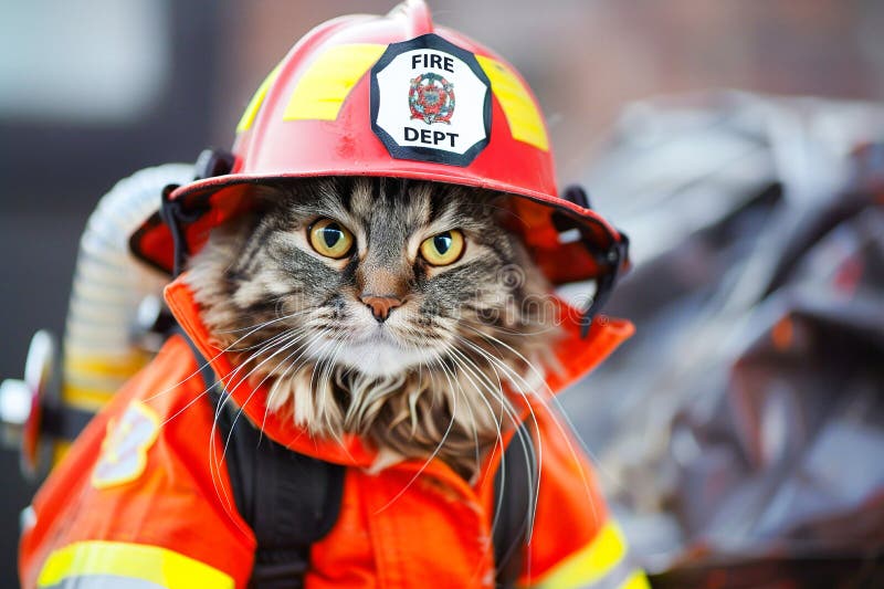 A Cat Dressed As a Firefighter with a Red Helmet and Uniform, Ready for ...