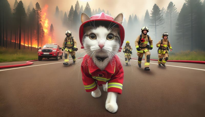 A Cat Dressed As a Firefighter Strides Towards the Camera with ...