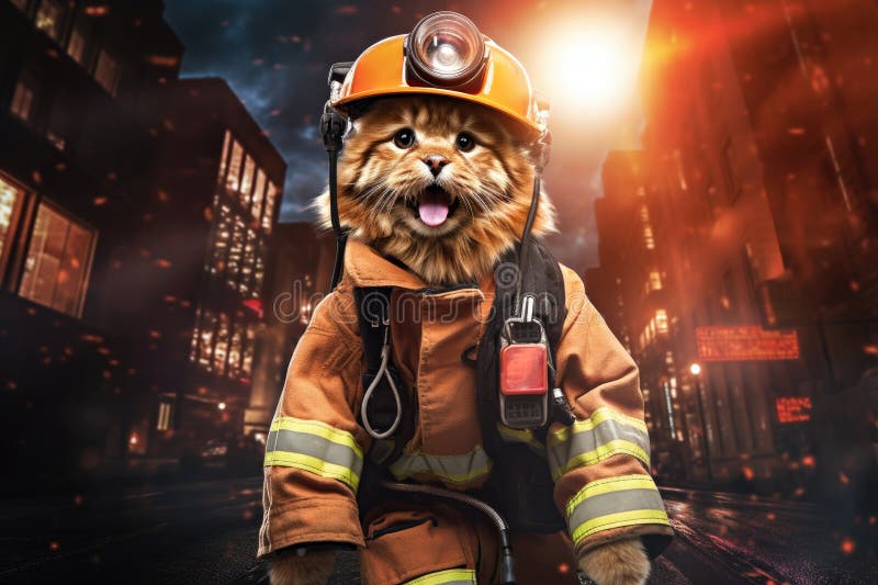 A Cat Dressed As a Fireman Outdoors with Fire in Town. Stock Photo ...