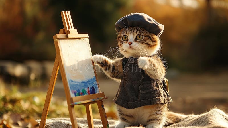A Cat Dressed As a Painter with a Tiny Beret and a Miniature Easel ...