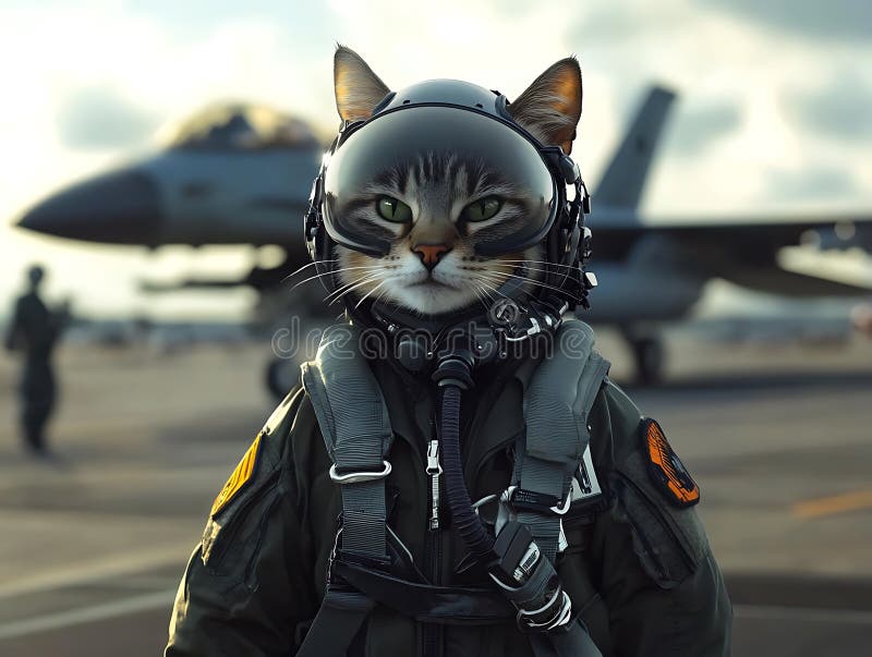 Cat Dressed As a Pilot, with Fighter Jet in the Background Stock ...