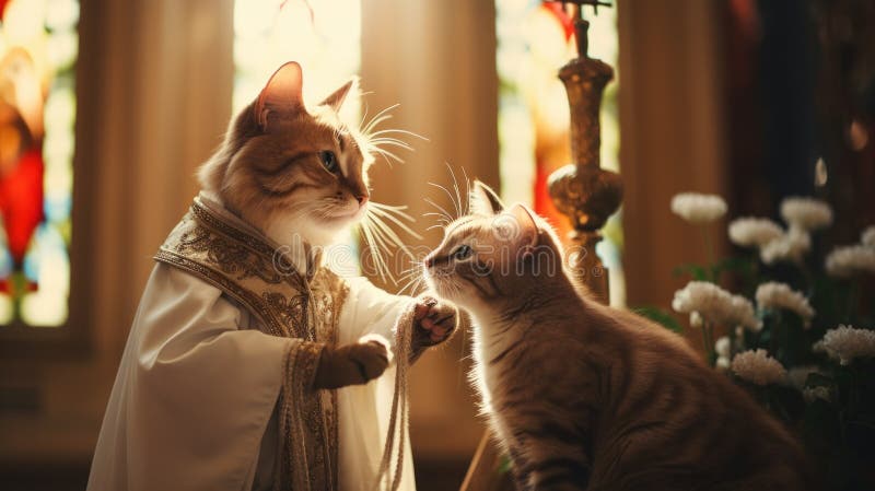 A Cat Dressed As a Priest with Another Cat in Front of Flowers, AI ...