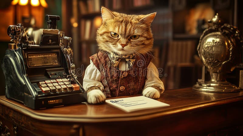 A Cat Dressed As a Shopkeeper with a Cash Register and a Tiny Receipt ...