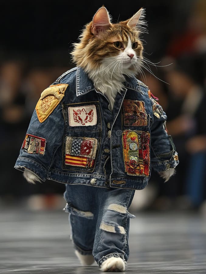 A Cat Dressed in a Denim Jacket and Jeans Walks Down the Runway. Stock ...